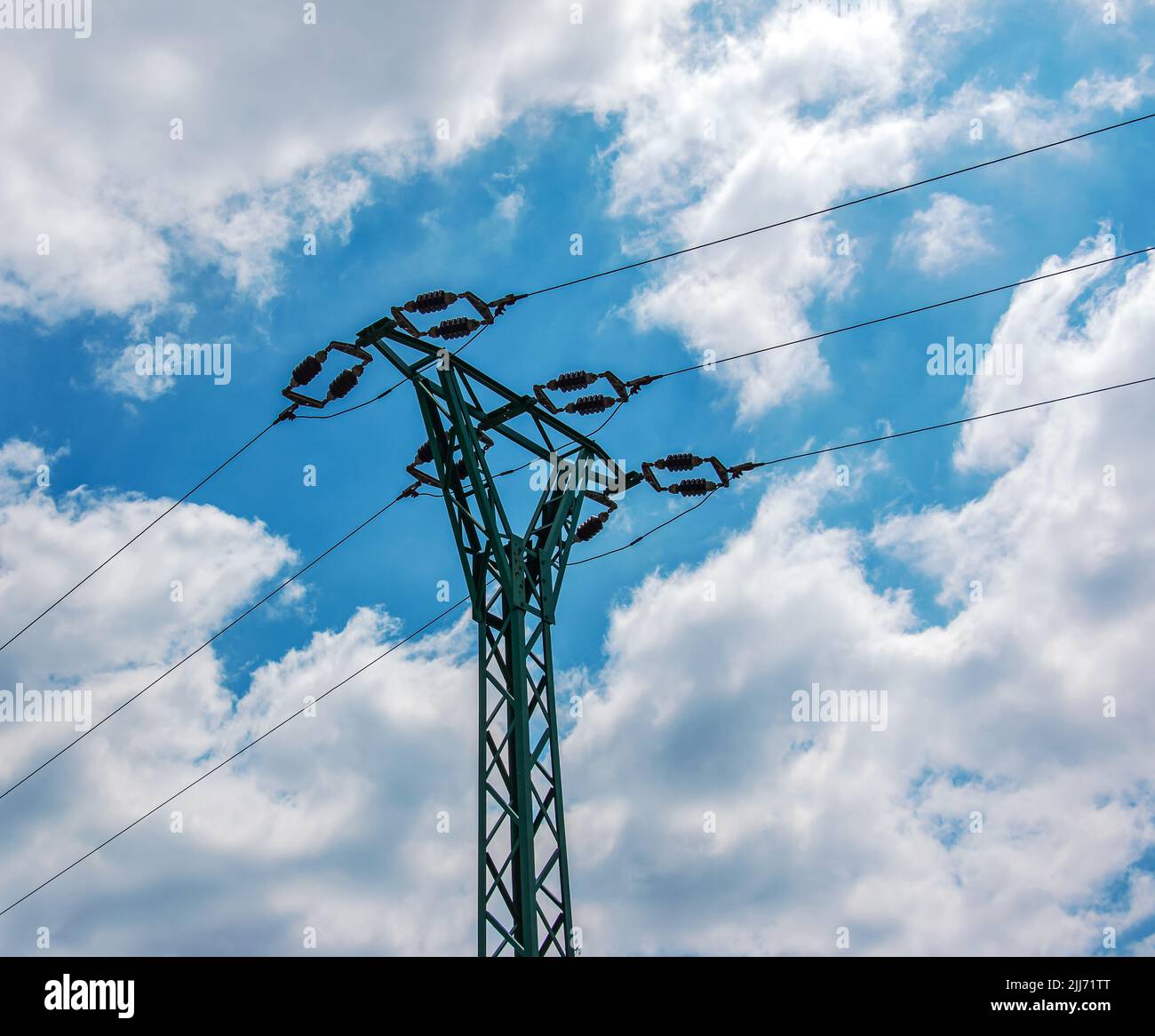 Close-up transmission towers (power tower, electricity pylon) cloud ...