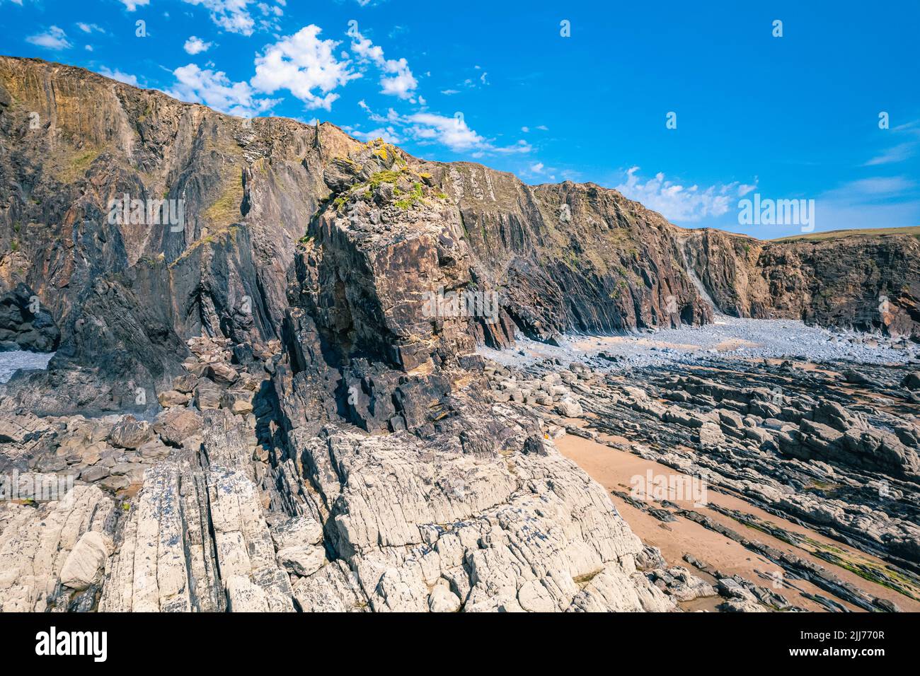 Cliffs on the Sandymouth Bay Beach from a drone, National Trust, Bude ...