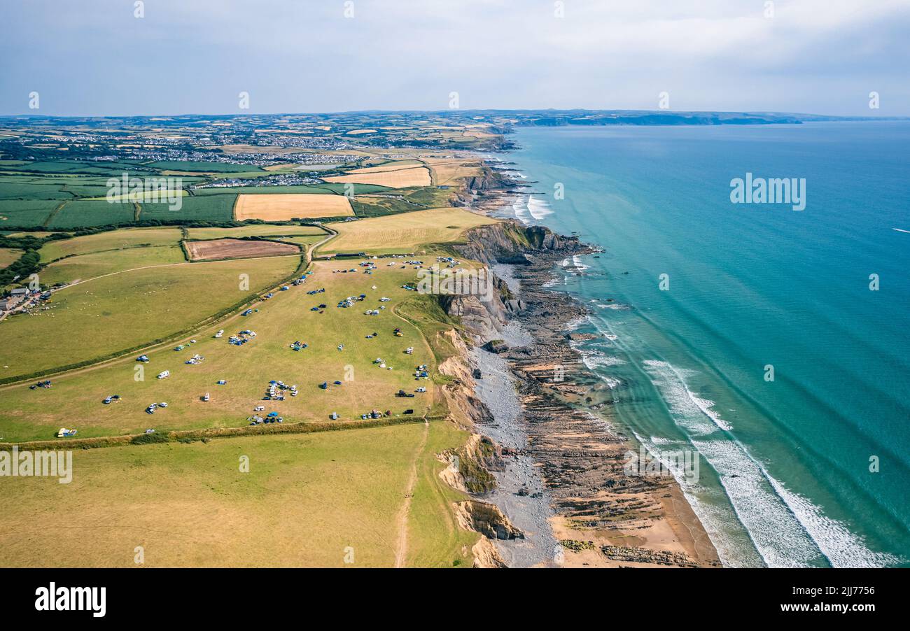 Cliffs on the Sandymouth Bay Beach from a drone, National Trust, Bude ...