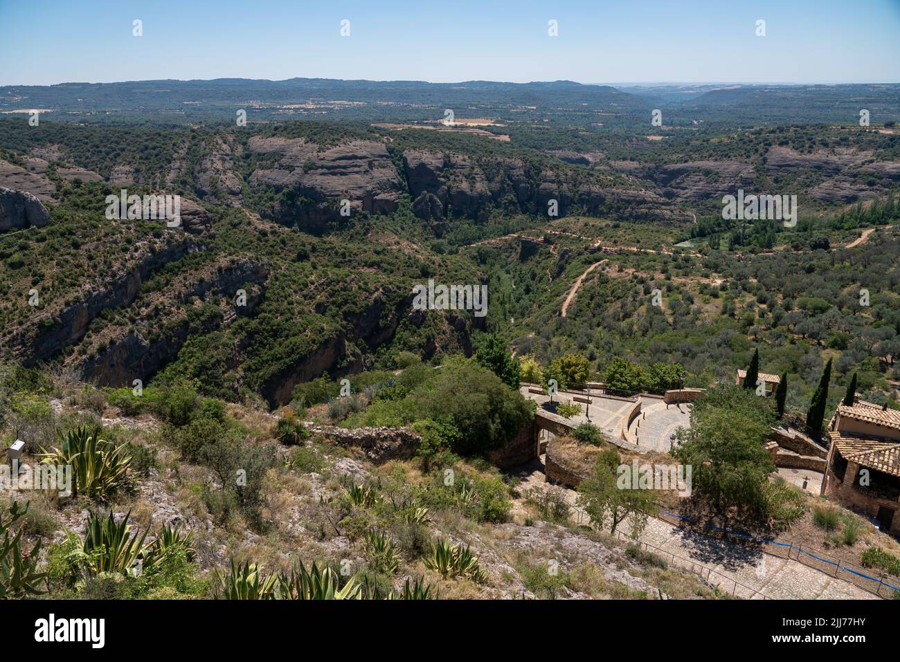 view out from Alquezar from the limestone outcrop village of Alquezar ...