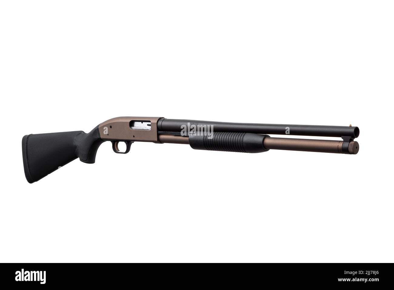 Pump-action 12 gauge shotgun isolated on a white background. A smooth ...