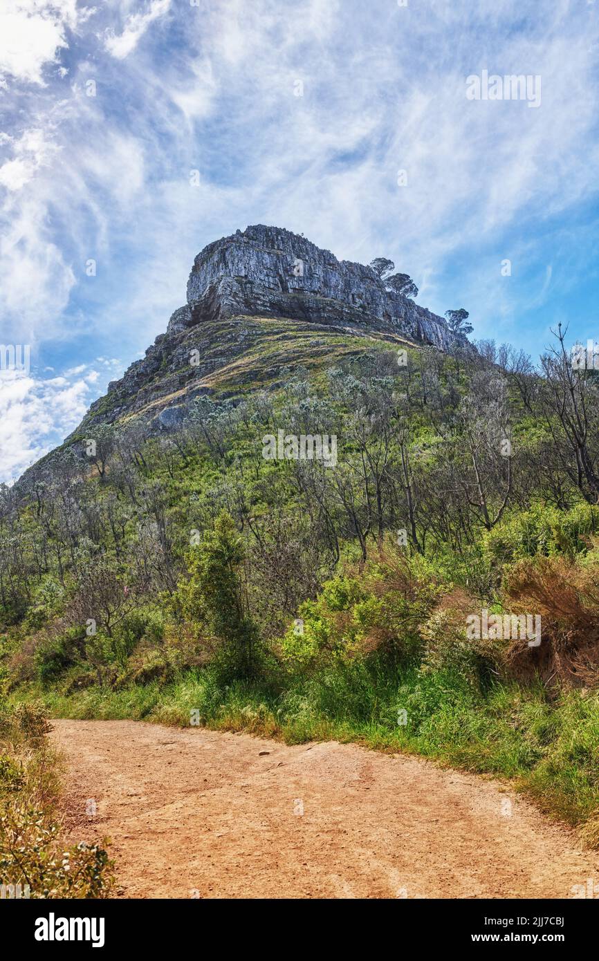 Walking or hiking pathway on a mountainside with green lush plants and ...
