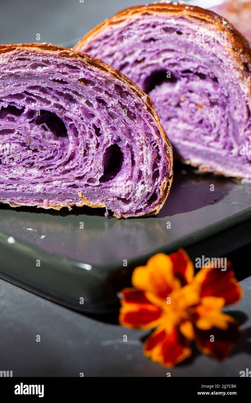 Fresh baked home made Ube Croissants using flavouring and purple yam ...