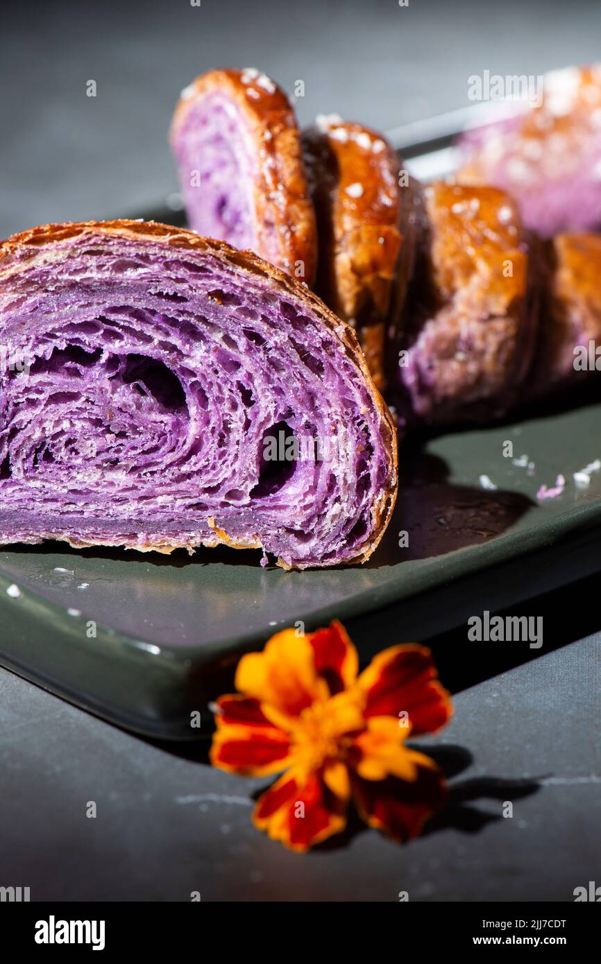 Fresh baked home made Ube Croissants using flavouring and purple yam ...