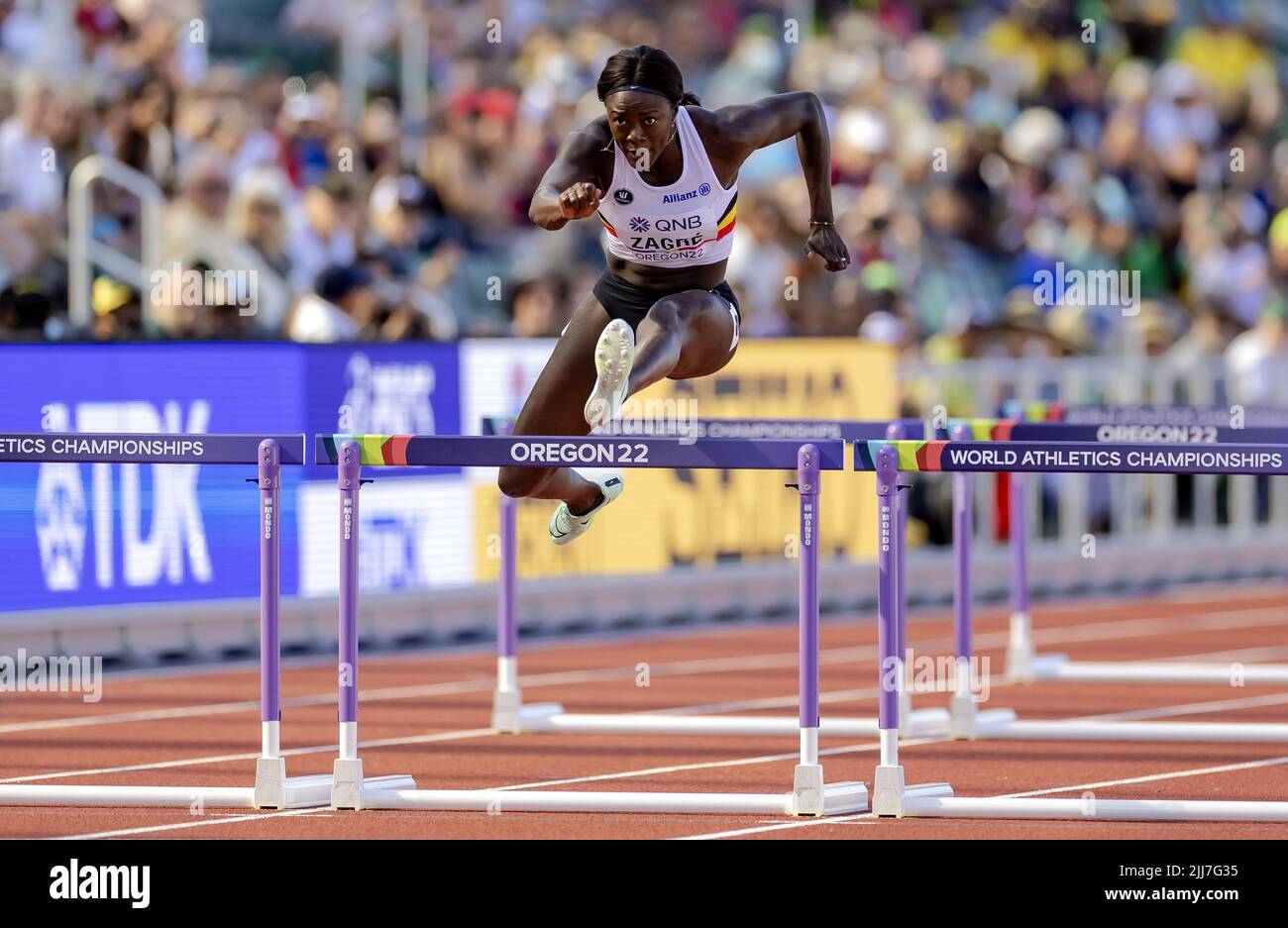 EUGENE - Anne Zagre (BEL) in action during the 100m hurdles repechage ...