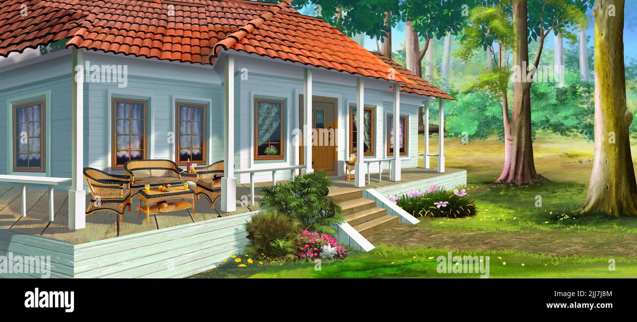 Country house with a veranda on a sunny day. Digital Painting ...