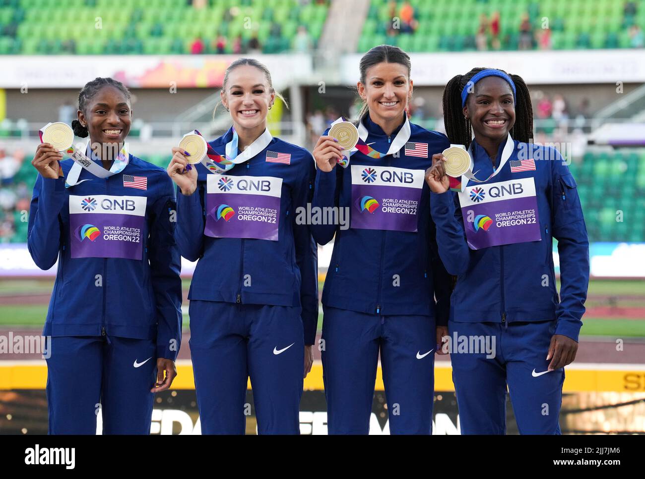 USA’s Melissa Jefferson, Abby Steiner, Jenna Prandini and Tanisha Terry ...