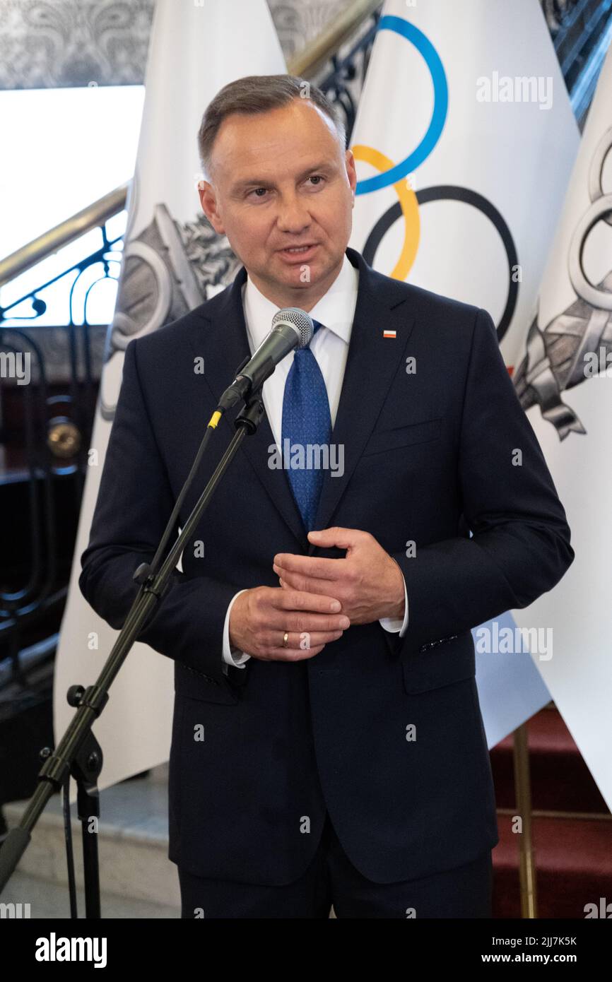 Polish President Andrzej Duda, seen speaking in front of flags with ...