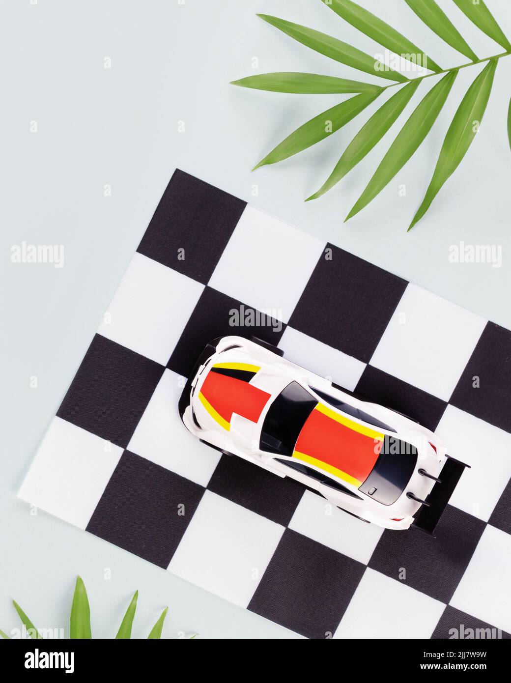 Racing competitions card. Car rally flag with sport car and palm leaves ...