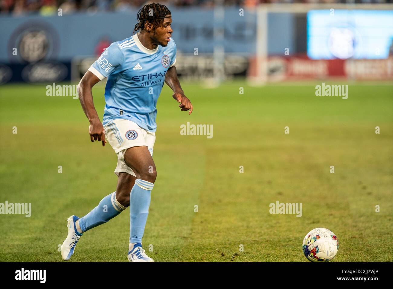 New York, NY - July 23, 2022: Tayvon Gray (24) of NYCFC controls the ...