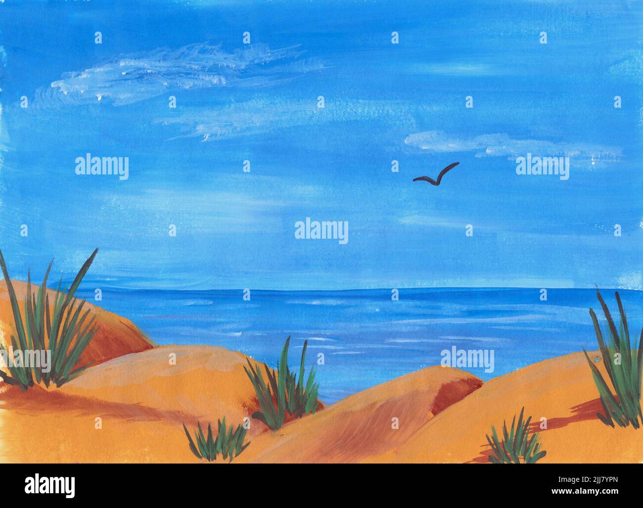 Yellow sand dunes by the sea gouache illustration Stock Photo - Alamy