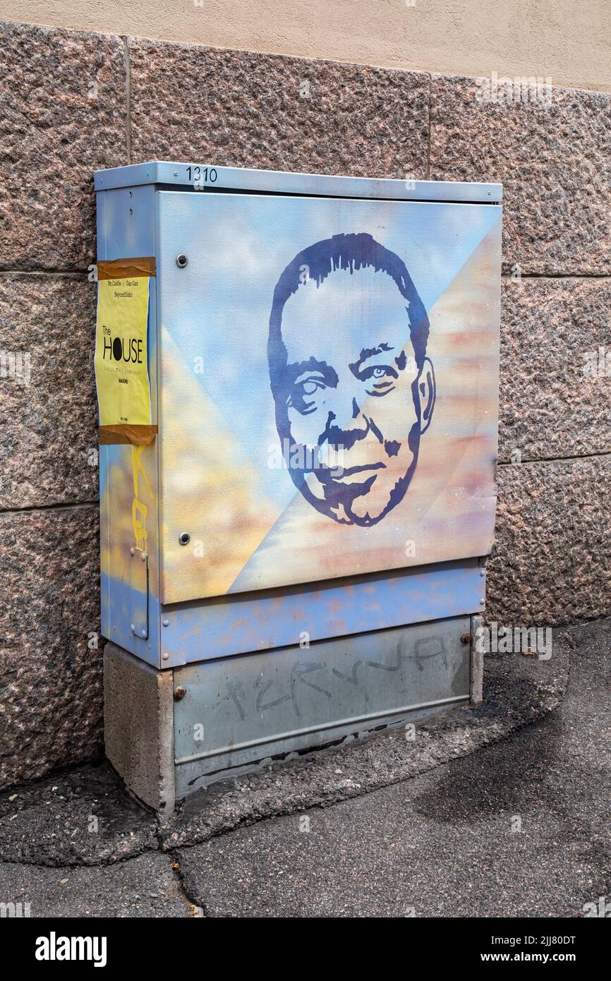 Street art. Mika Waltari mural on electrical enclosure or street ...
