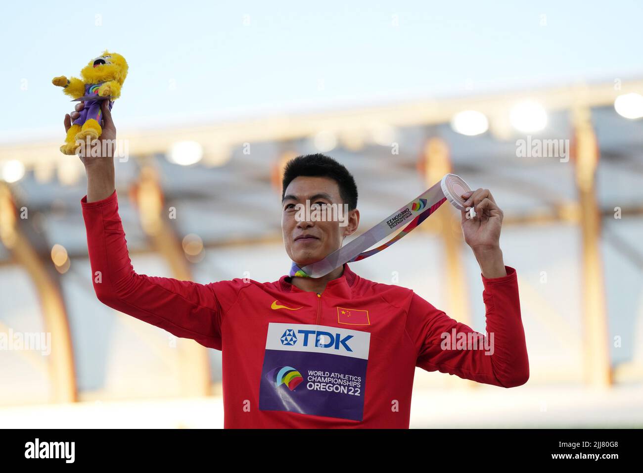 Eugene, USA. 23rd July, 2022. Bronze medalist China's Zhu Yaming poses ...
