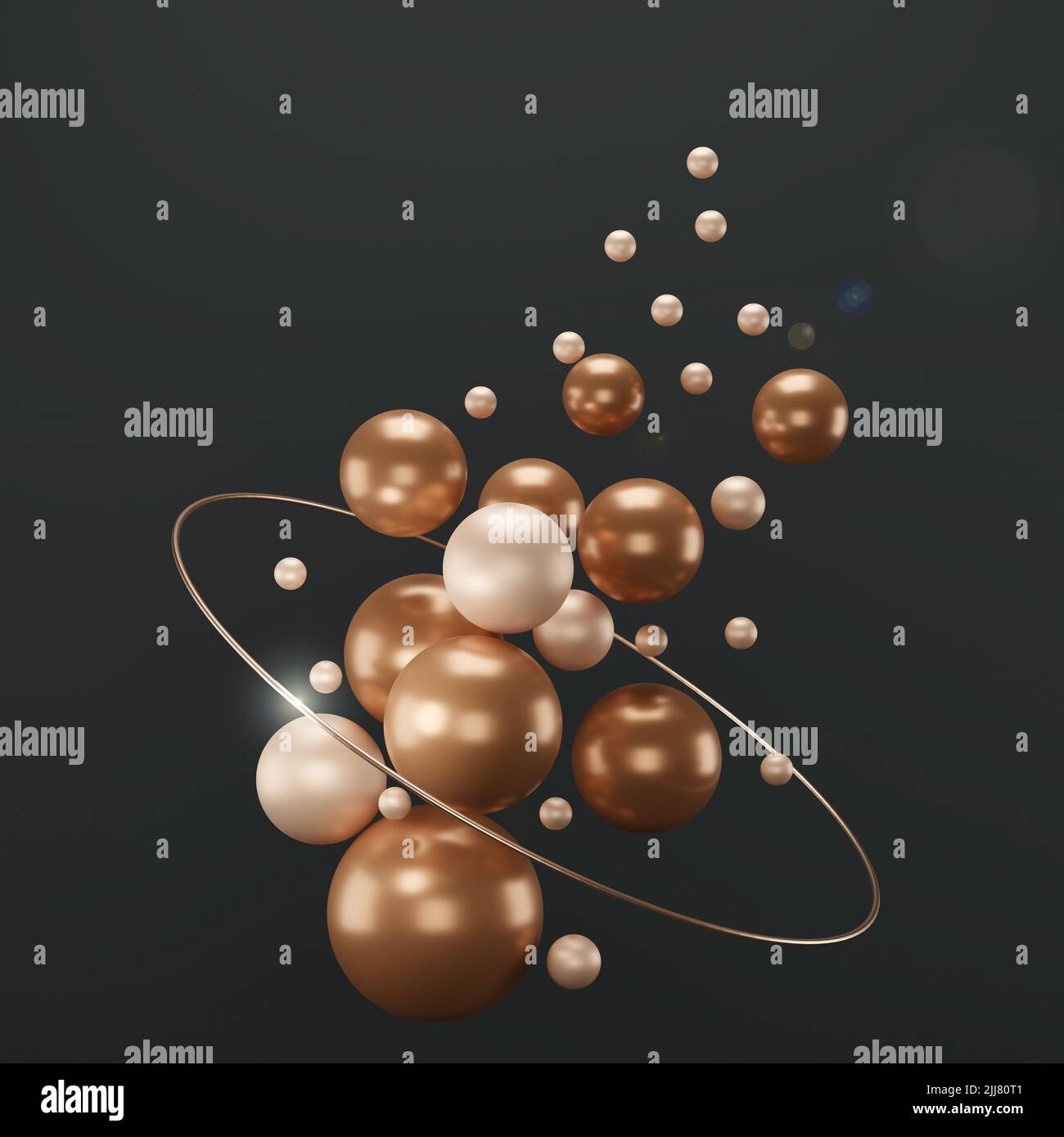 3d render of floating blue metallic textured spheres with frame on dark ...