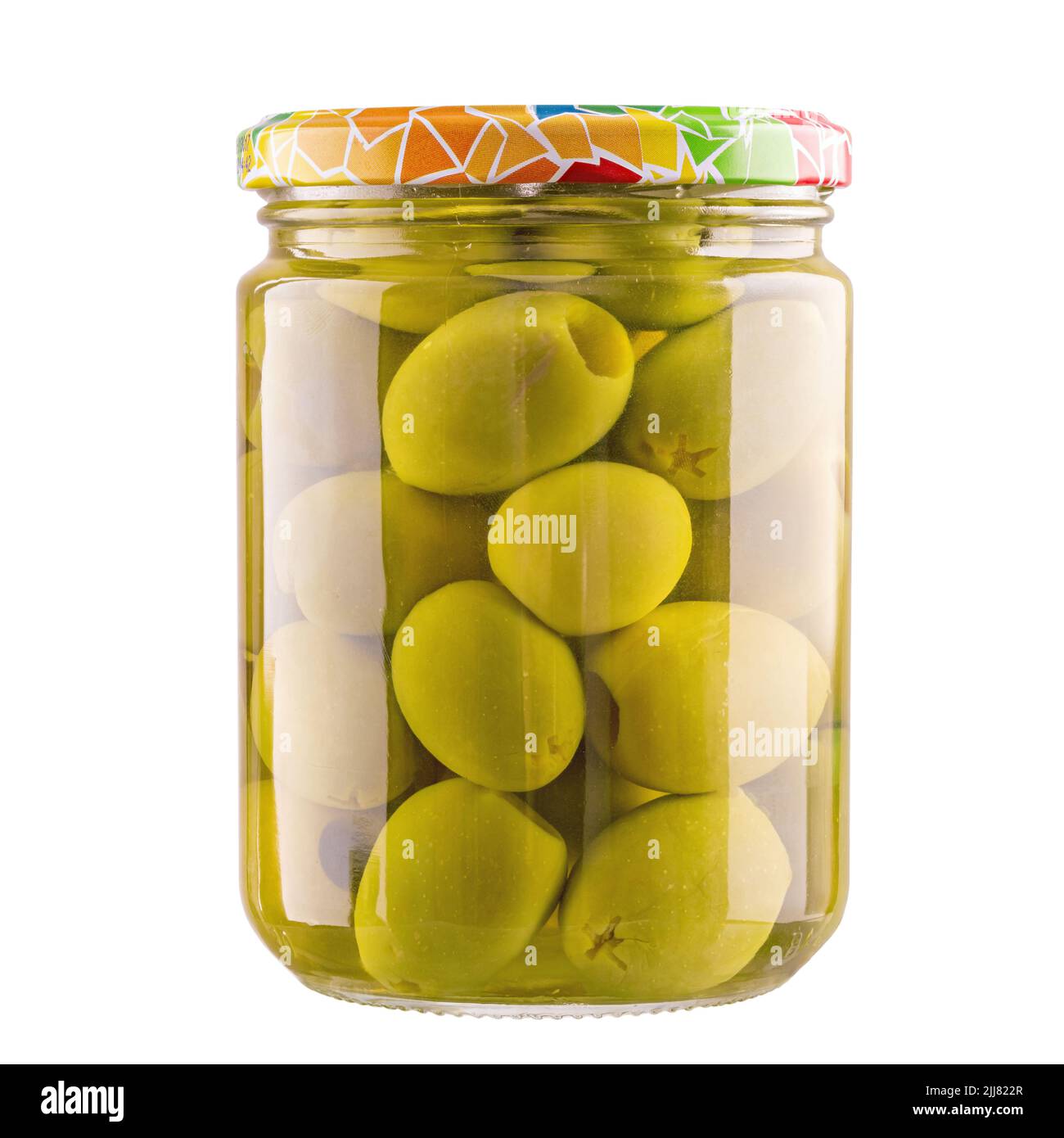 Glass jar of preserved olives isolated on white background. File ...