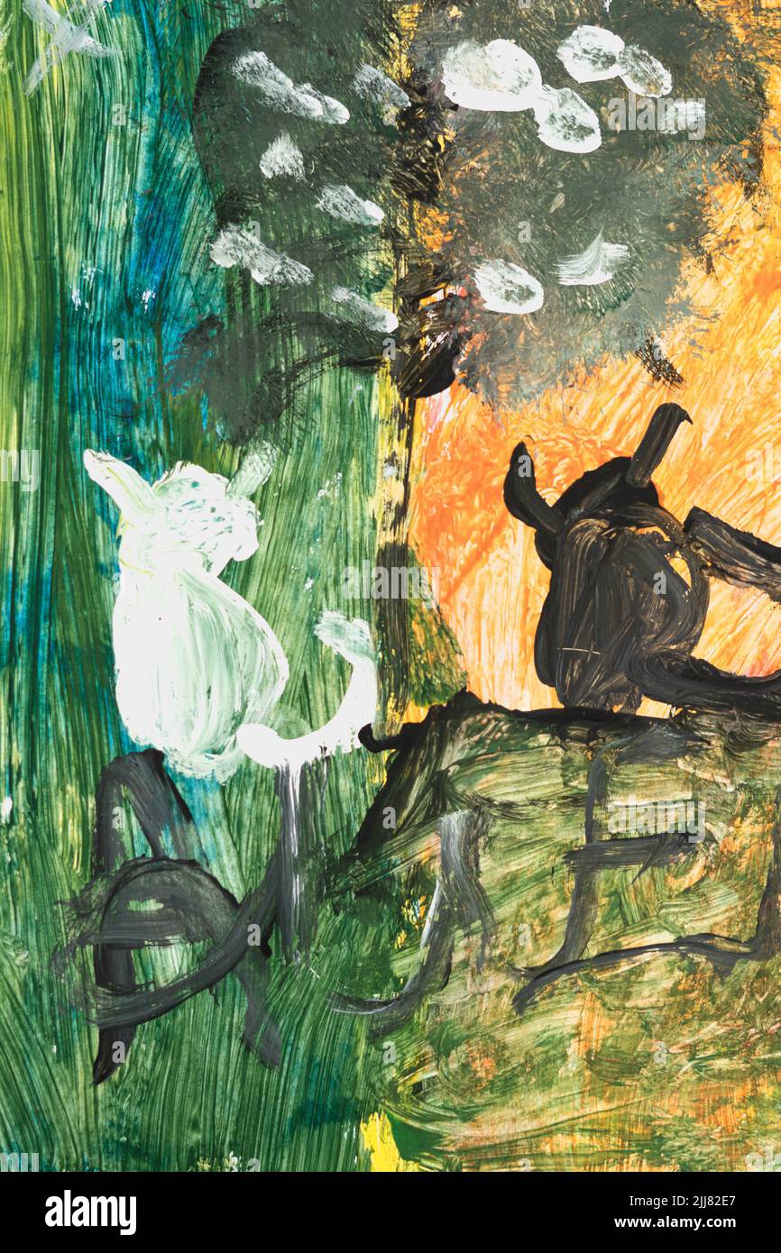 Photo of real draw painted by kindergarten preschool child. Watercolor ...