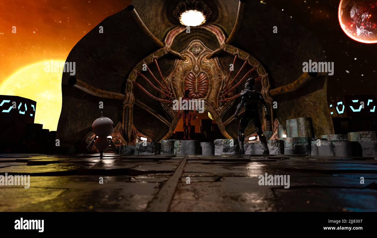 Astronaut and small robot facing a strange egg-shaped object and an ...