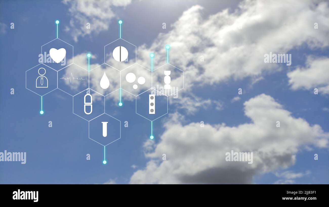 digital medical icon isolated on blue sky background with sunlight. new ...