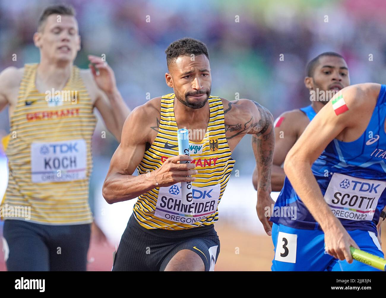 Eugene, USA. 23rd July, 2022. Athletics: World Championship, 4x400m relay. Patrick Schneider ...