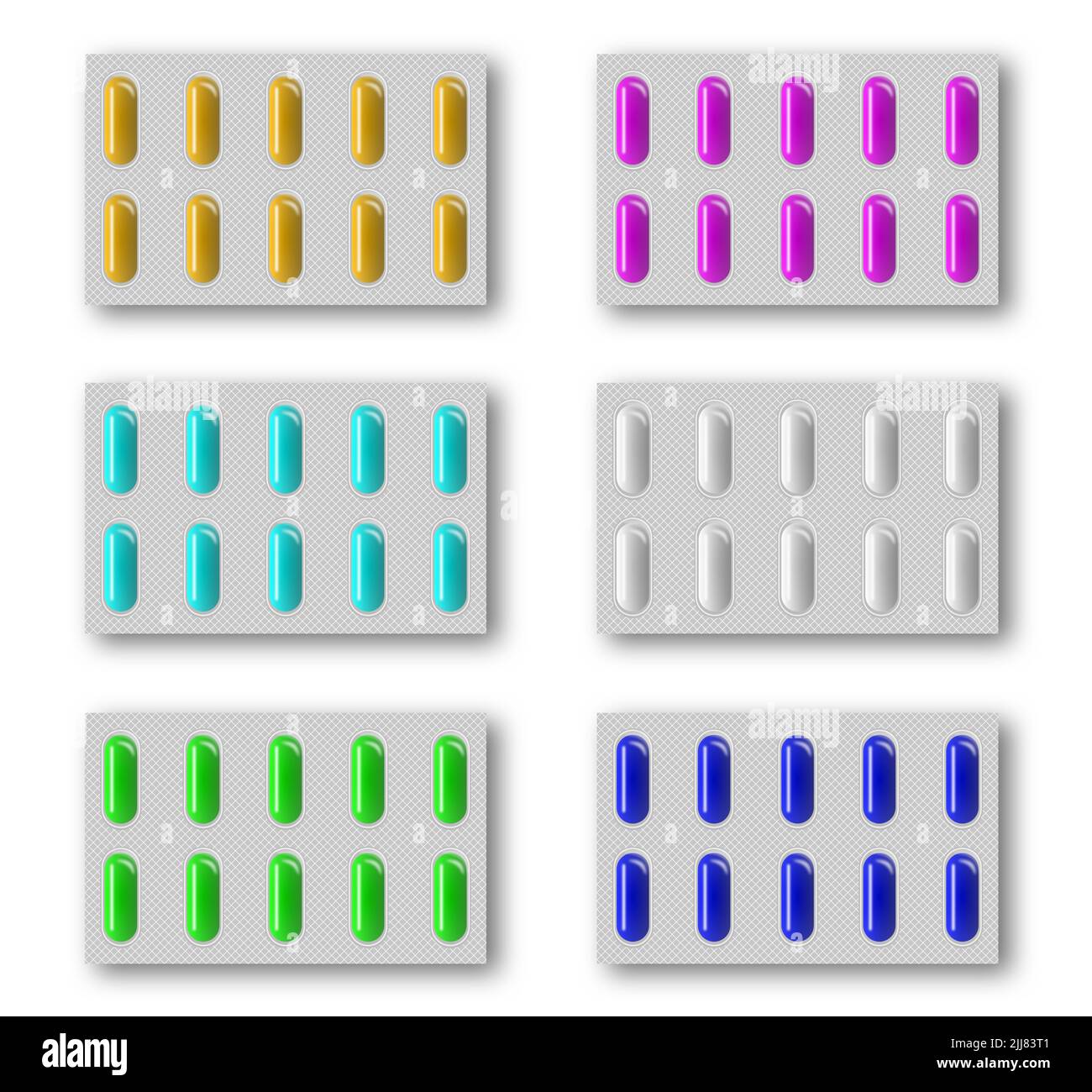 six different colour medicine table isolated on white background ...