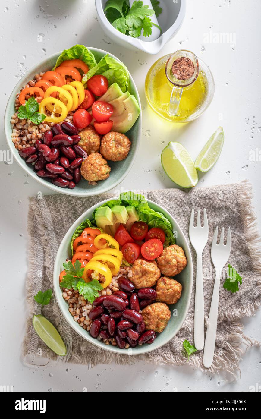 Wholesome Mexican salad as meal with meat and groats. Nutritious bowl ...