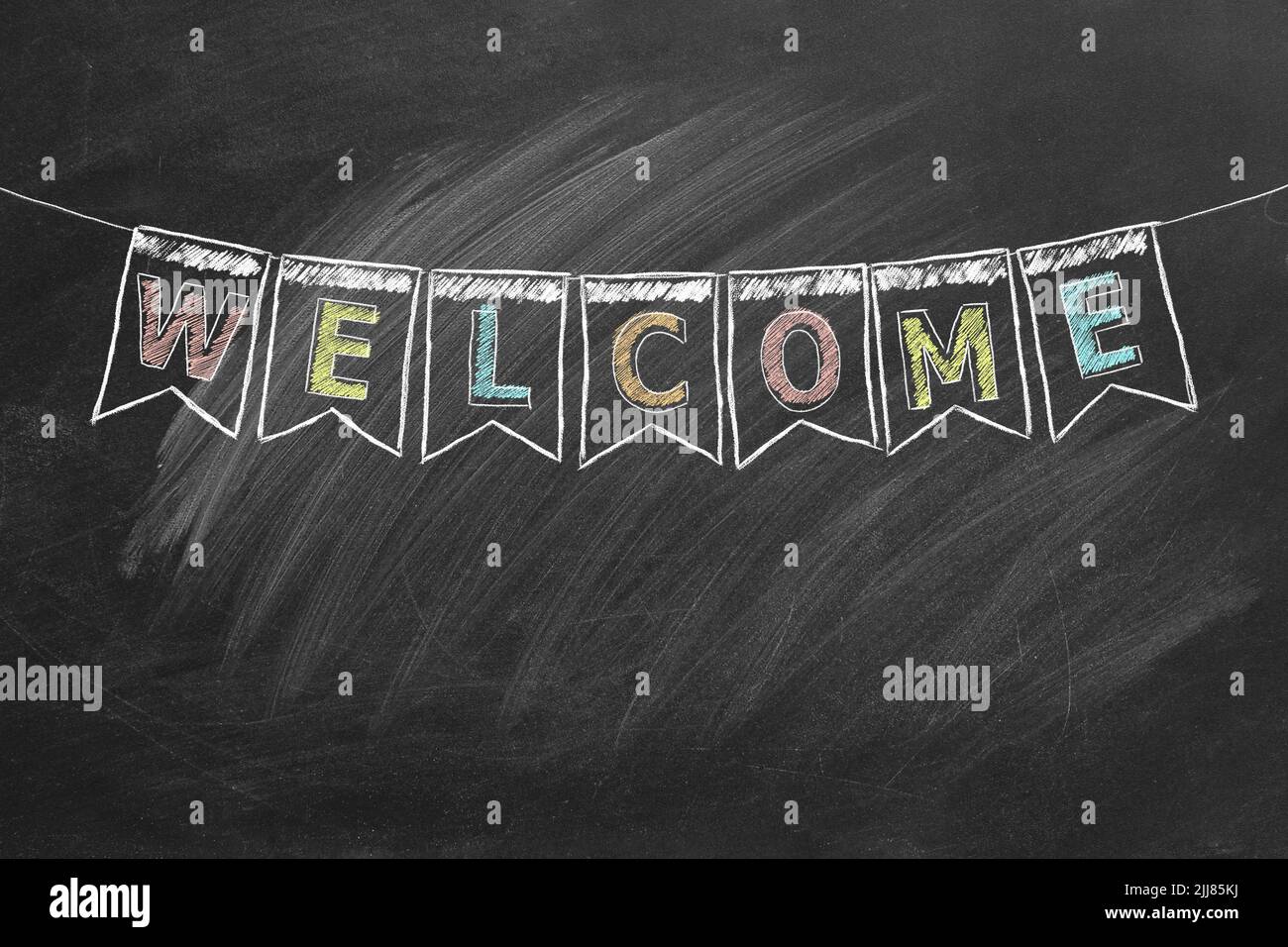Hand drawn WELCOME text with bunting flags on blackboard Stock Photo ...