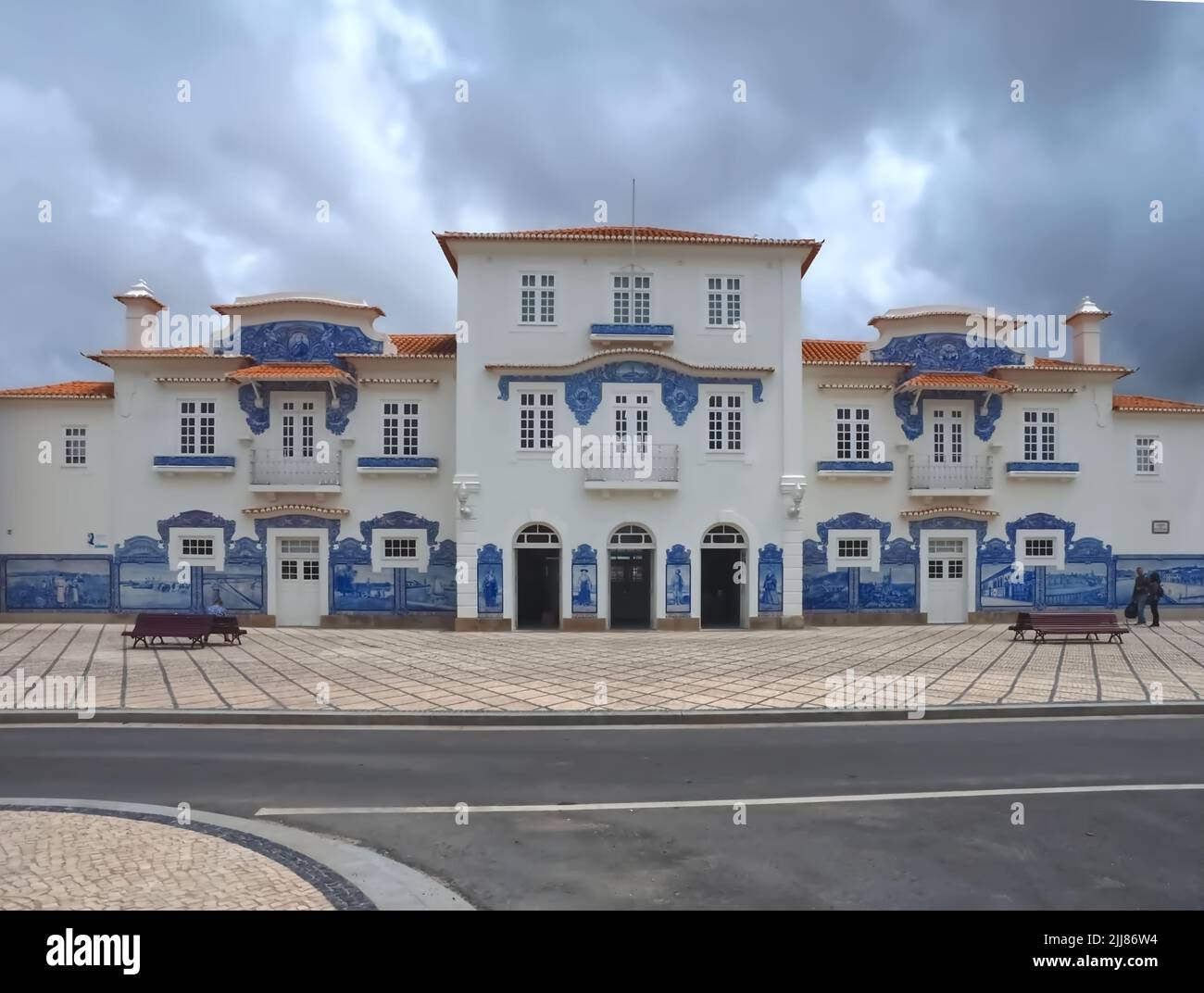 Beautiful white railway station building in Aveiro with portuguese ...