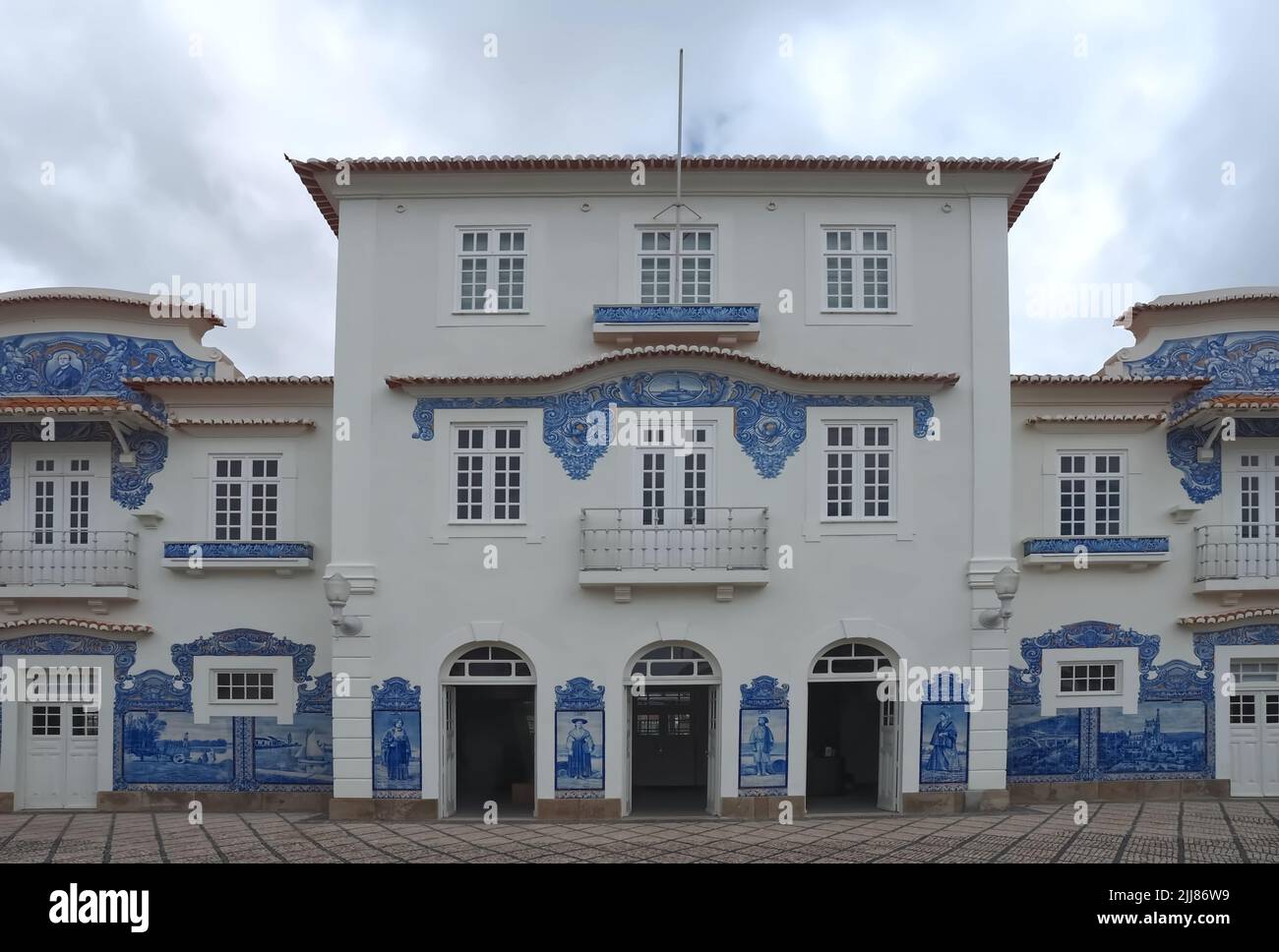 Beautiful white railway station building in Aveiro with portuguese ...
