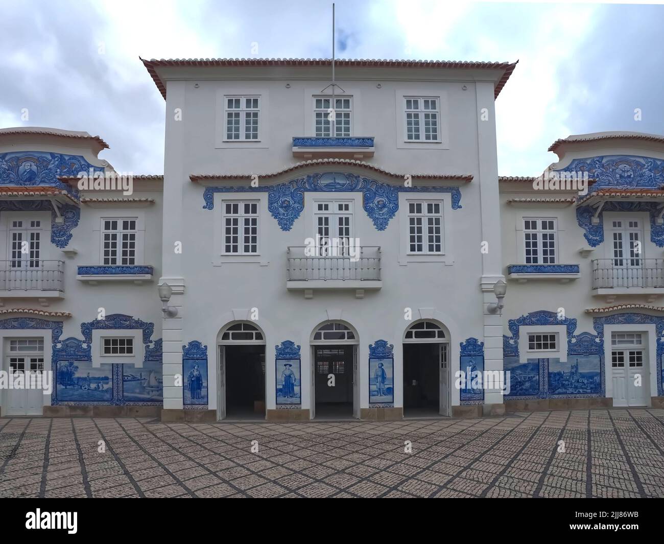 Beautiful white railway station building in Aveiro with portuguese ...