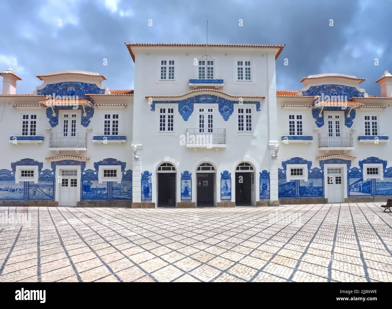 Beautiful white railway station building in Aveiro with portuguese ...