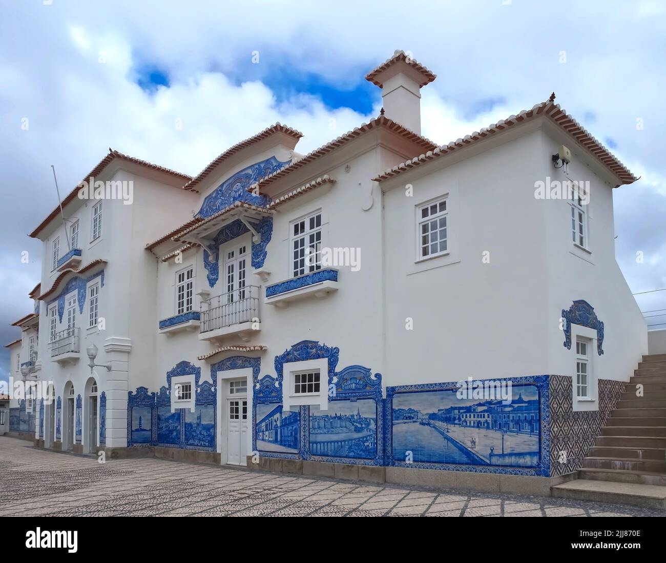 Beautiful white railway station building in Aveiro with portuguese ...