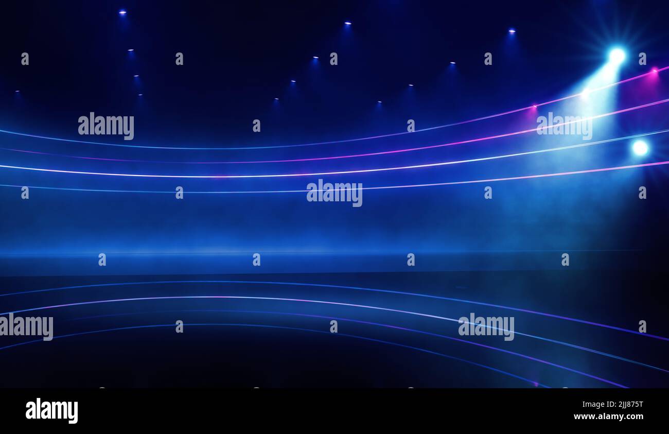 Large modern game show stadium with neon lights shining into fog ...