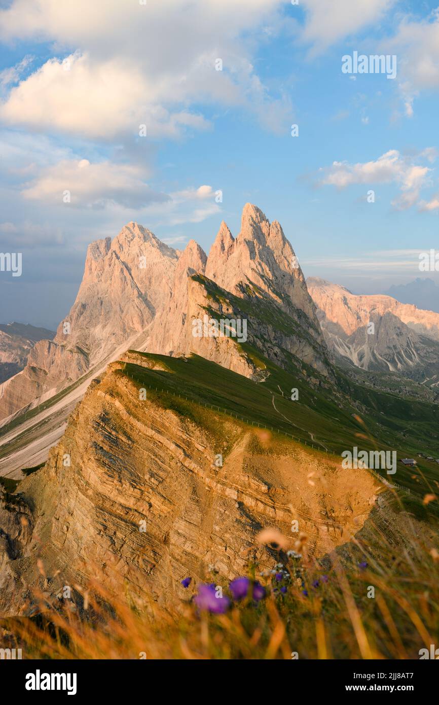 Breathtaking view of Seceda during a beautiful sunset. The Seceda with ...