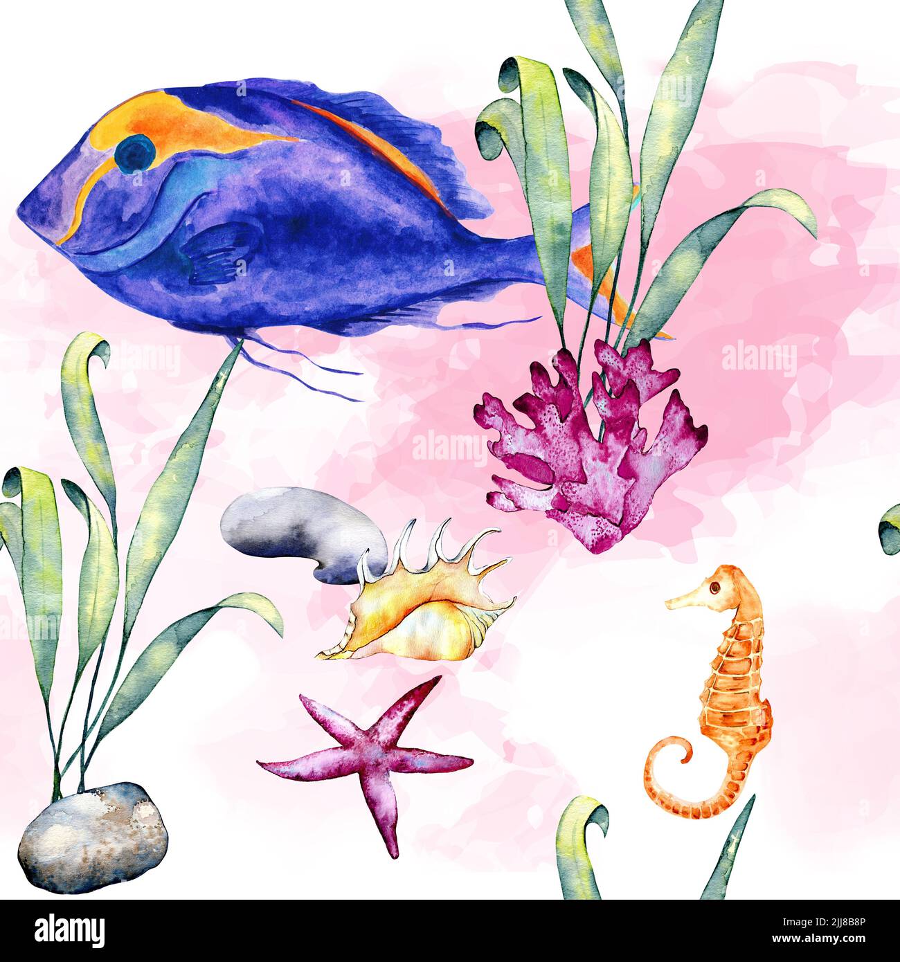 Natural repeating texture design about sea life.Watercolor seamless ...