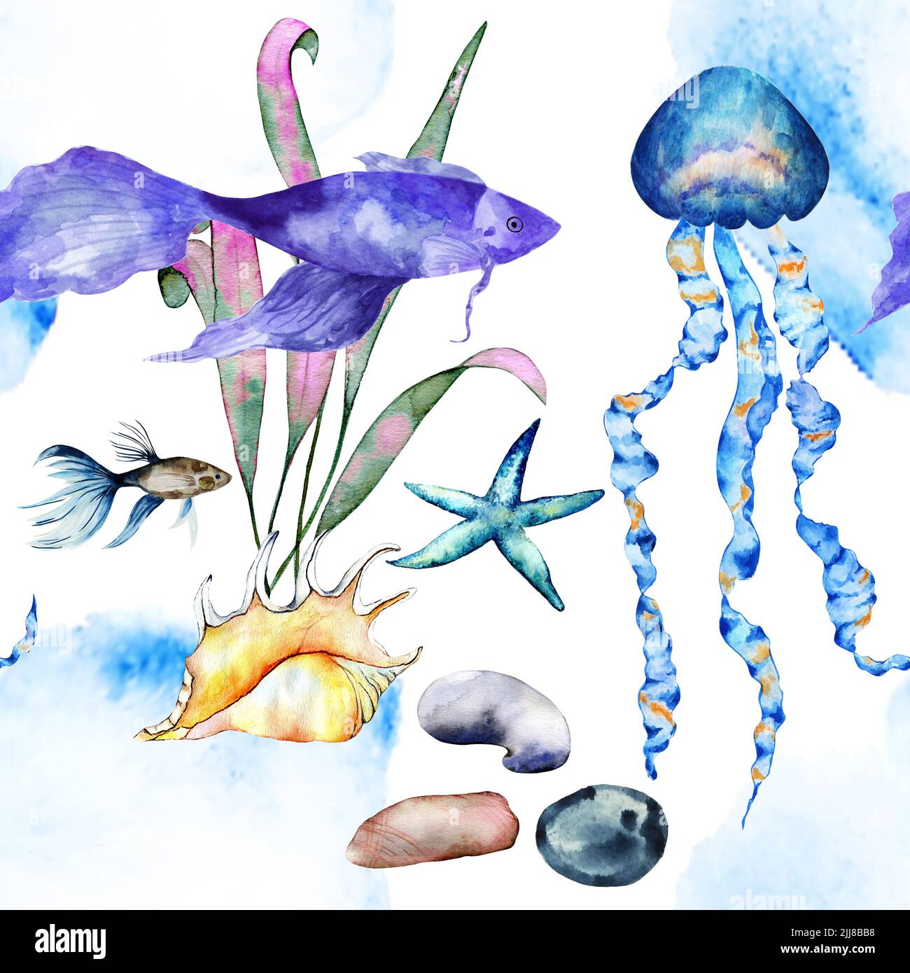 Natural repeating texture design about sea life.Watercolor seamless ...