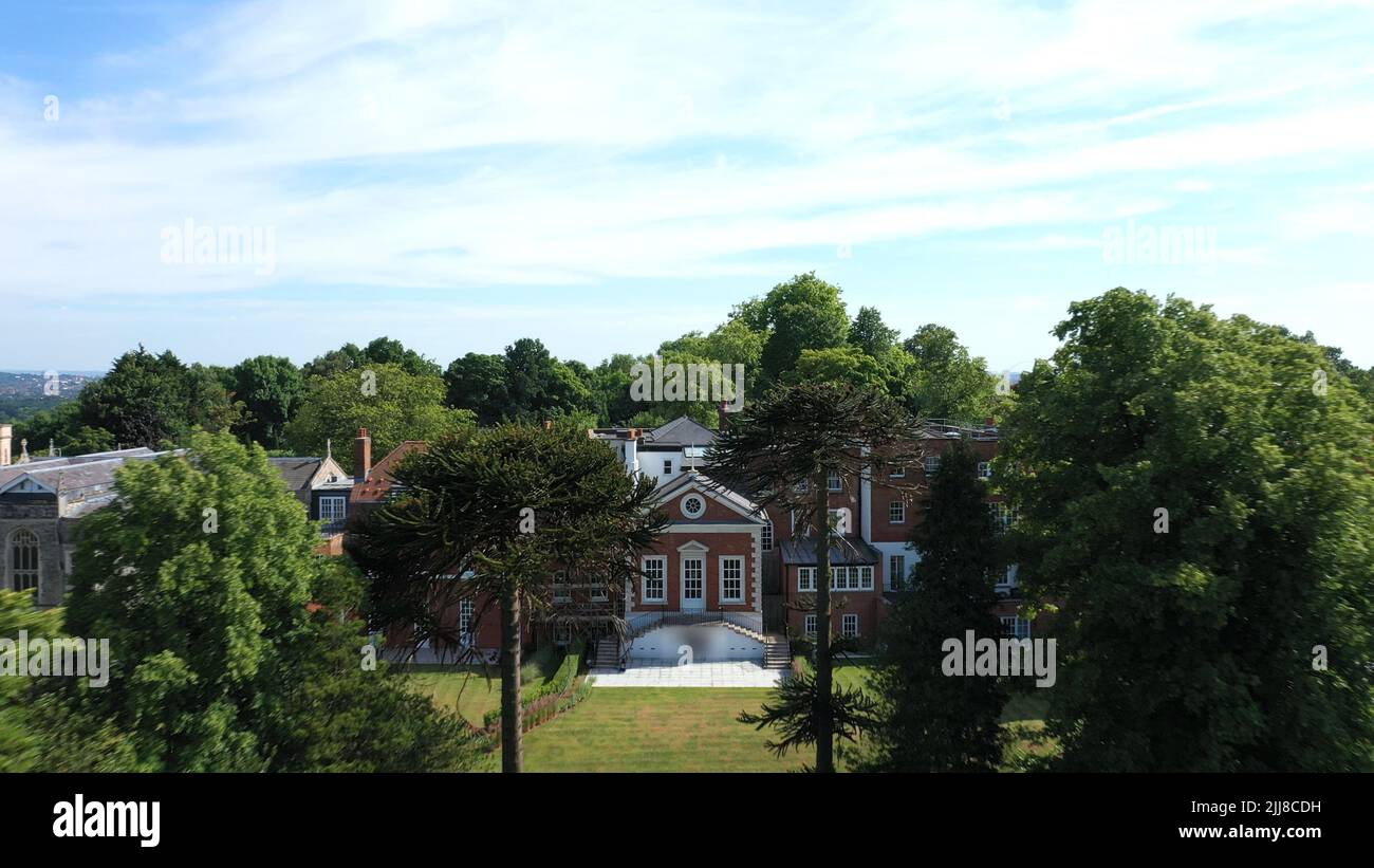 Aerial top down view from the drone onto the narrow passageway leading ...