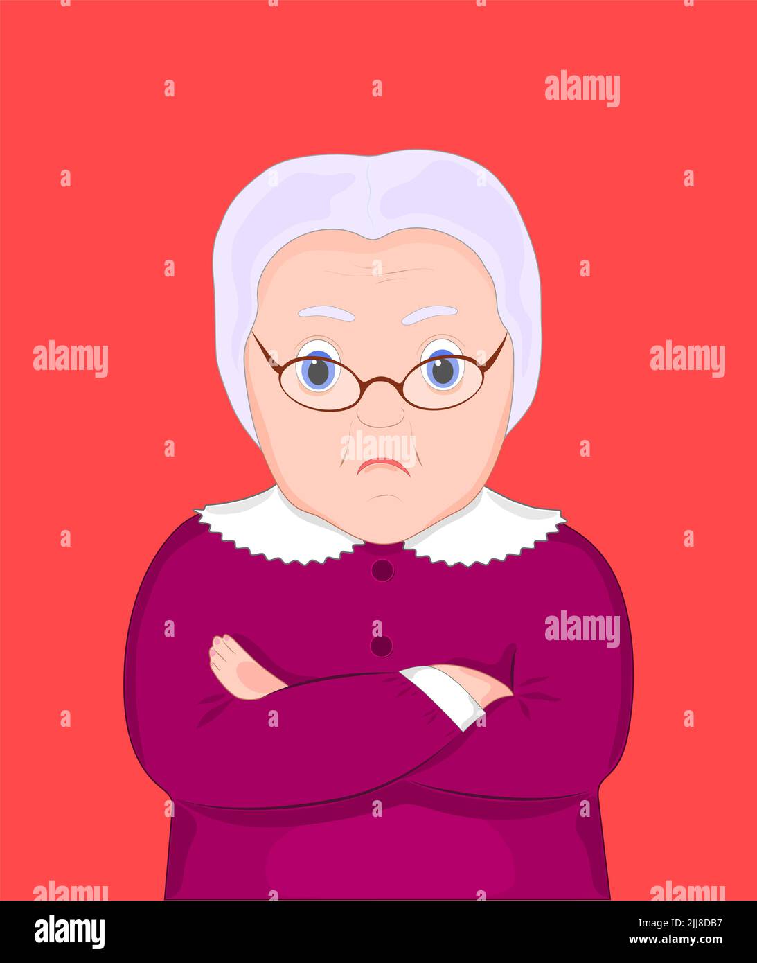 of an evil grandmother. Angry, disgruntled granny with glasses on a red ...