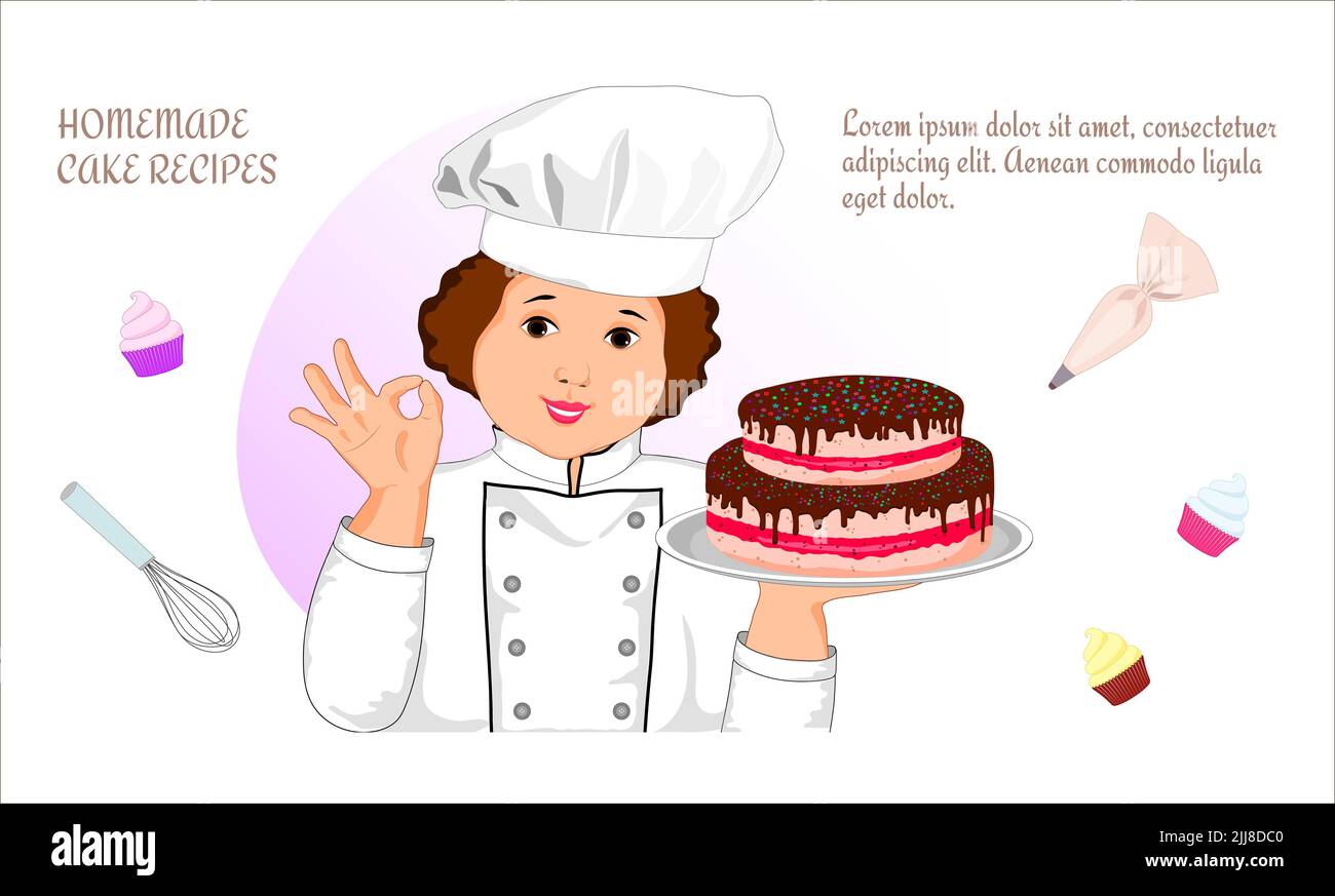 pastry chef is a woman in uniform. The pastry chef holds the cake on a ...