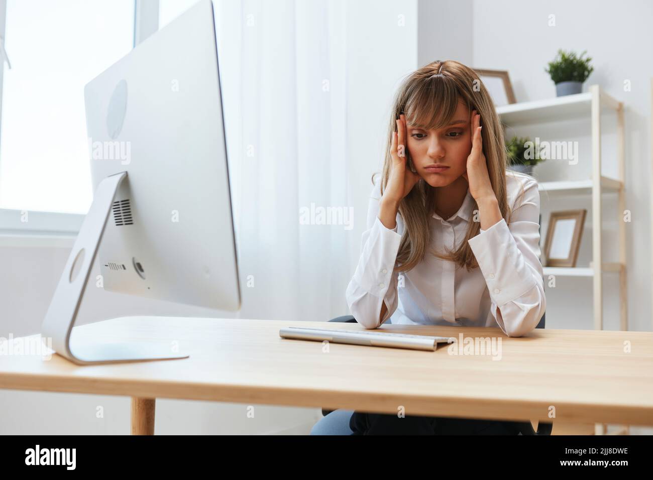 Shocked adorable blonde businesswoman made big mistake in report look ...