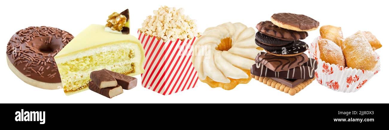 Trans fats in cake, cookies, popcorn and chocolate isolated on white ...