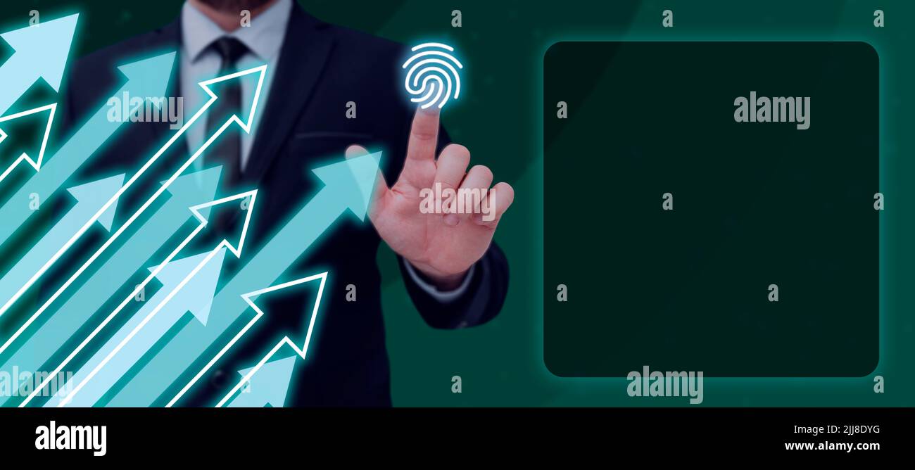 Businessman Pointing On Fingerprint Symbol In A Futuristic Design With ...