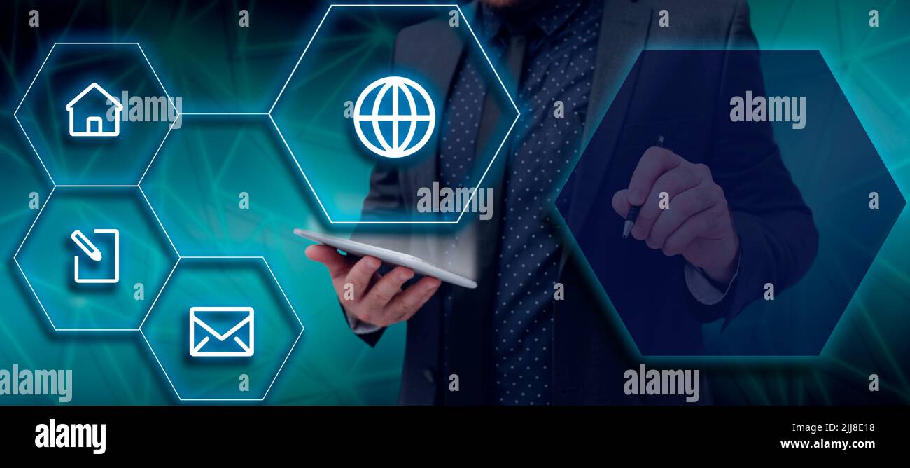 Male Professional Holding Tablet And Pen Drawing Digital Hexagon Shapes ...