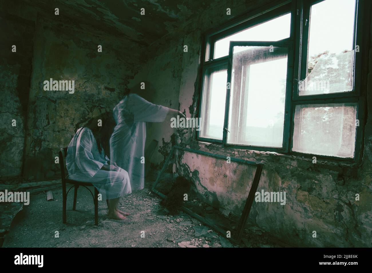 Ghost in abandoned, haunted house. Horror scene of scary spirit of a ...