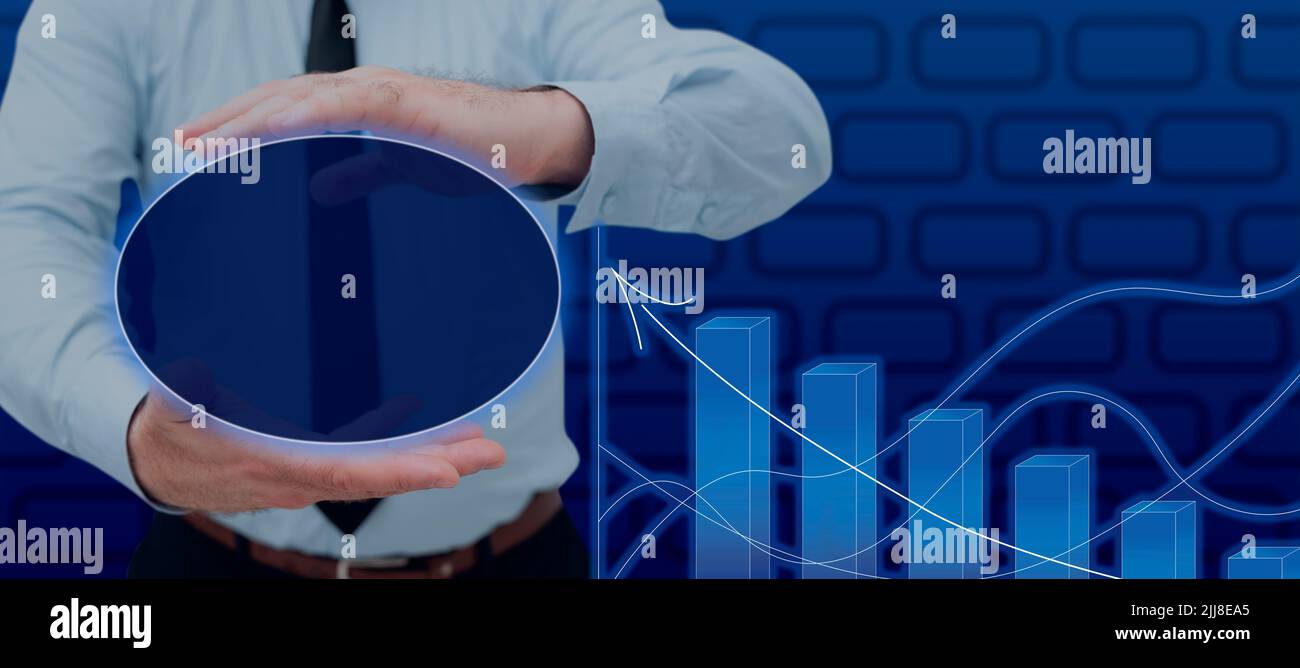 Businessman With Digital Oval Frame In Hands By Graphical Bar Graph And ...