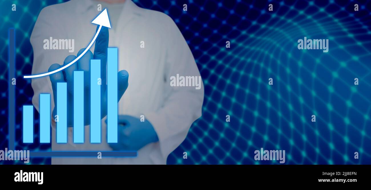 Doctor Wearing Gloves, Pointing With One Finger On Graph With Arrows Up ...