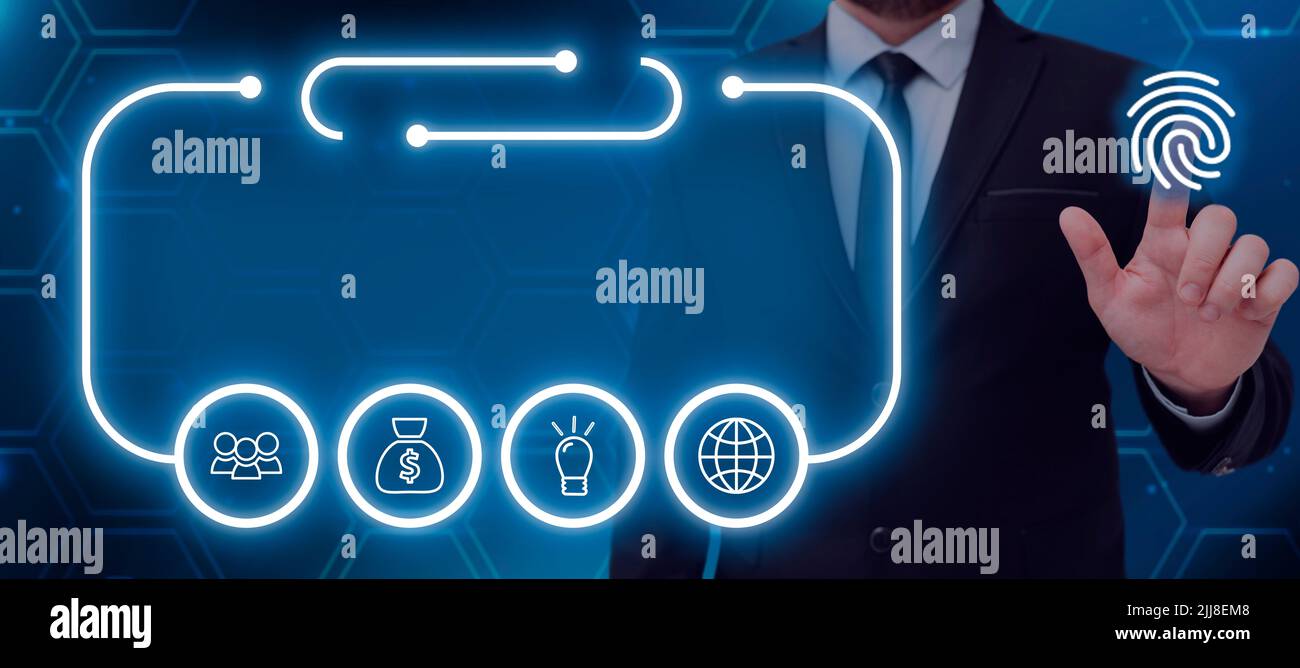 Businessman Pressing On Fingerprint And Showing Glowing Digital Symbols ...
