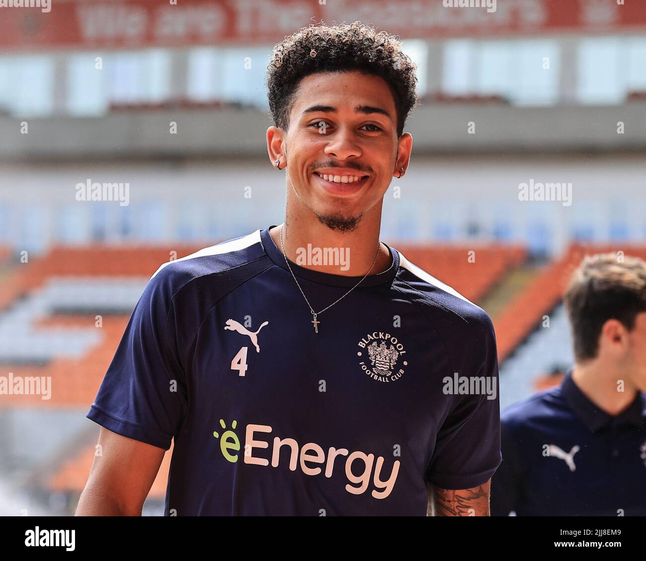 Jordan Lawrence-Gabriel #4 of Blackpool arrives at Bloomfield Road ...