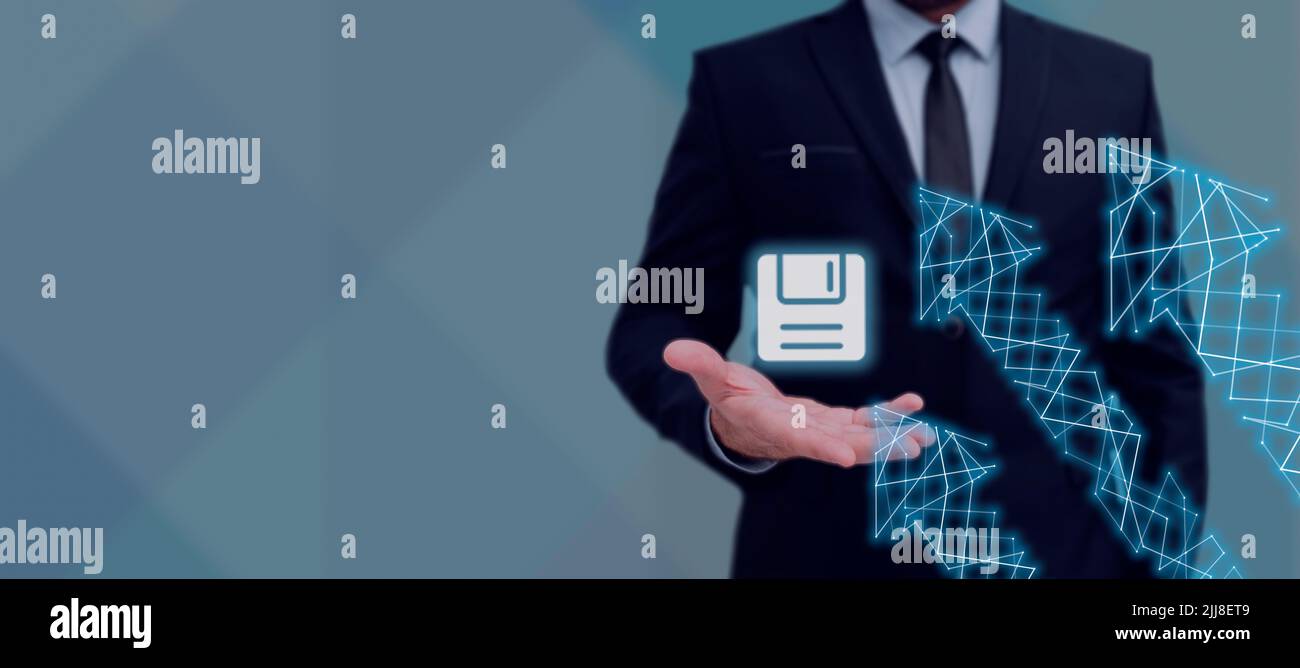 Businessman With A Hand Presenting Arrows Going Up And A Floppy Disk ...