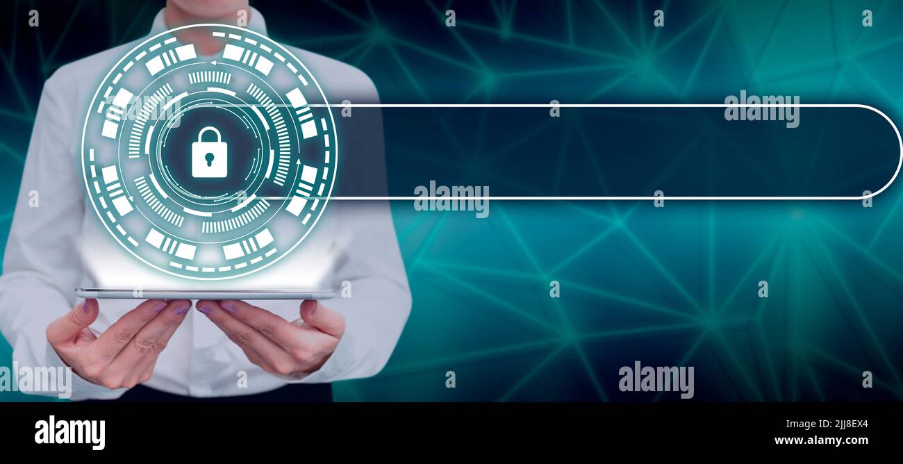 Businesswoman Holding Tablet Presenting Graphical Shield Protected Lock ...
