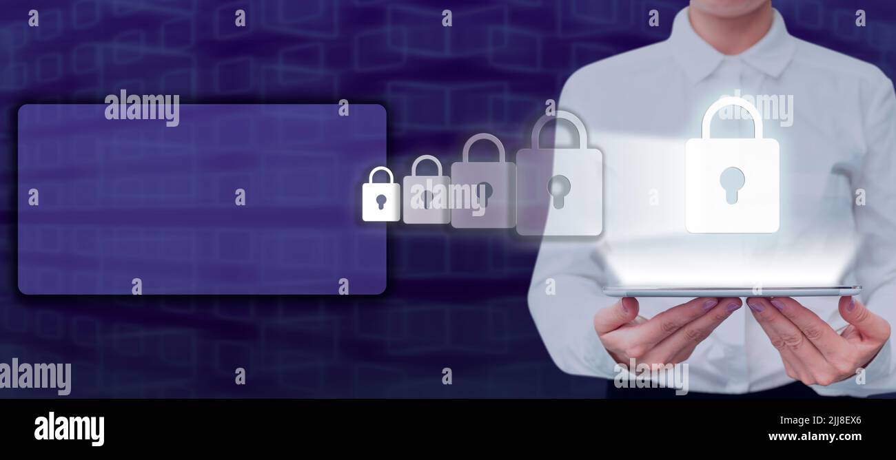 Businesswoman Holding Tablet Presenting Digitally Generated Padlocks By ...